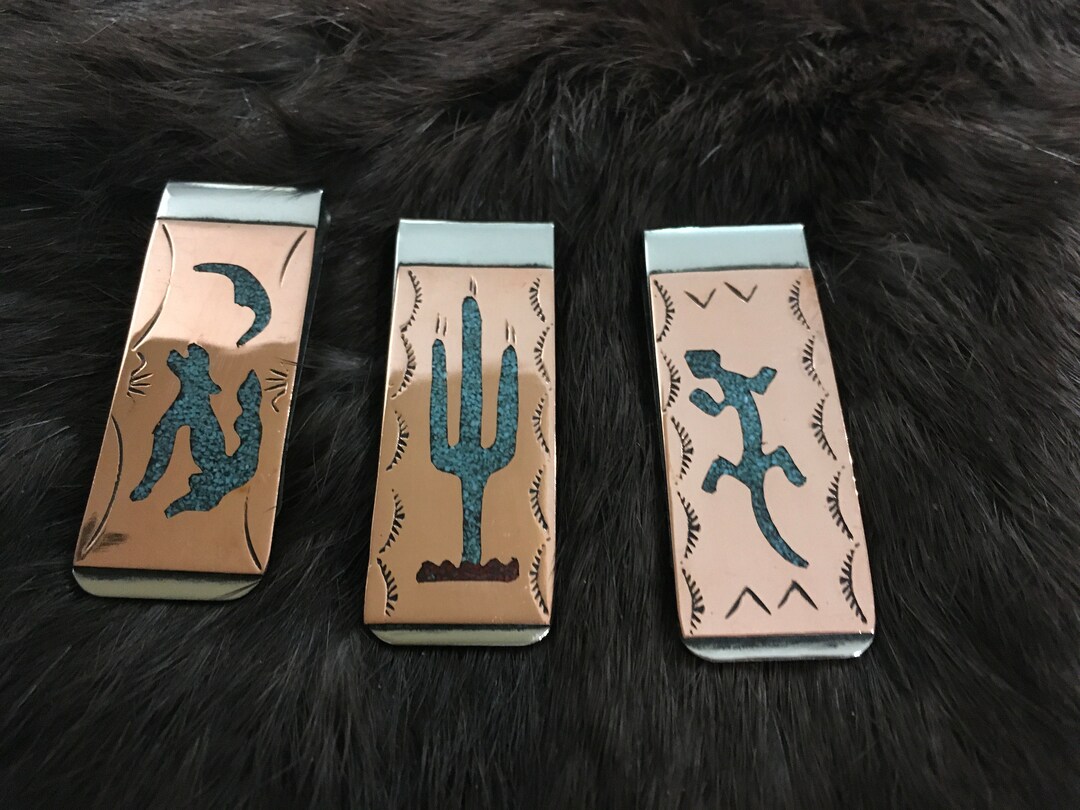 SIGNED Native America Indian Navajo Turquoise Cactus Money Clip Zuni ...