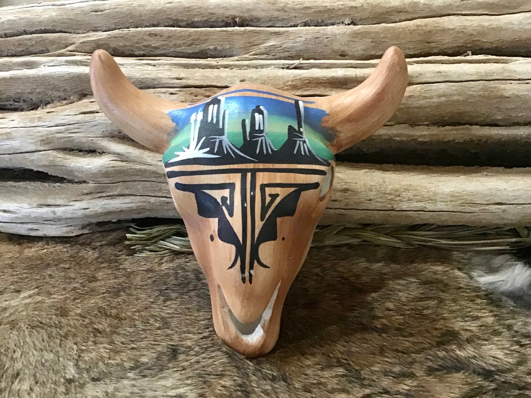 SIGNED Vintage Authentic Navajo Hand Painted Pottery Bison Skull Gift ...