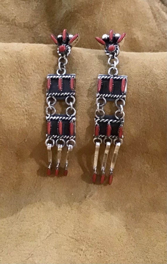 Native America Indian Jewelry Earrings Zuni Red Coral… - Gem