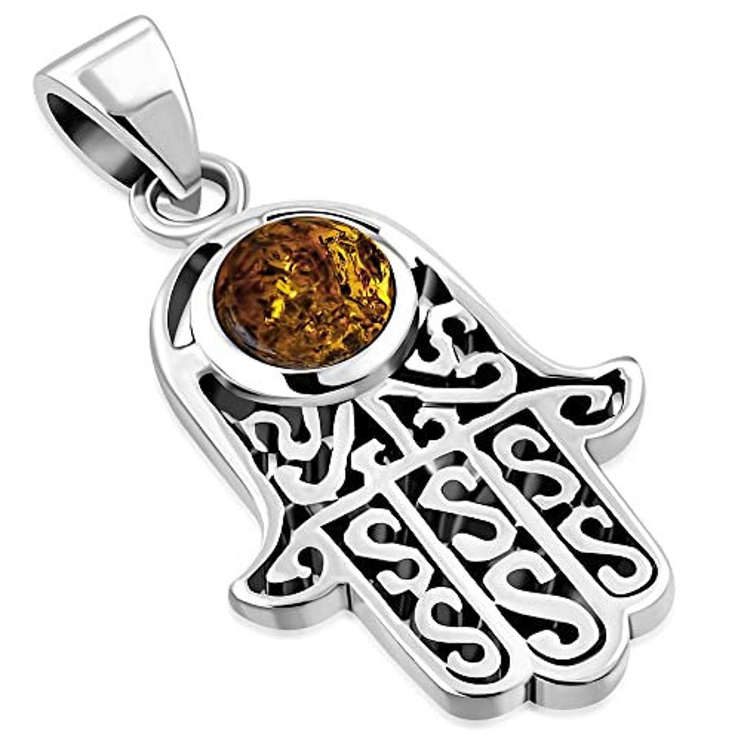 925 Sterling Silver Hamsa Hand Protection Simulated Gemstone Pendant ...