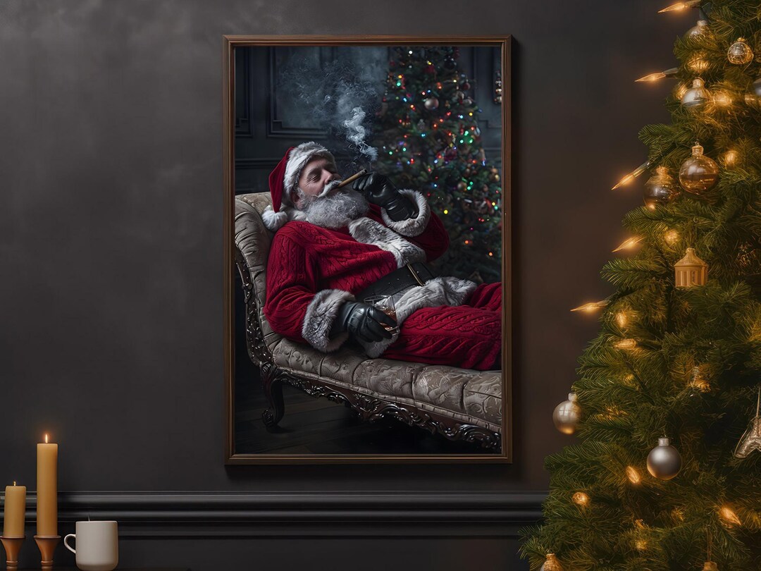 Vintage Santa Relaxing With Cigar and Bourbon, Santa for Dads, Moody ...
