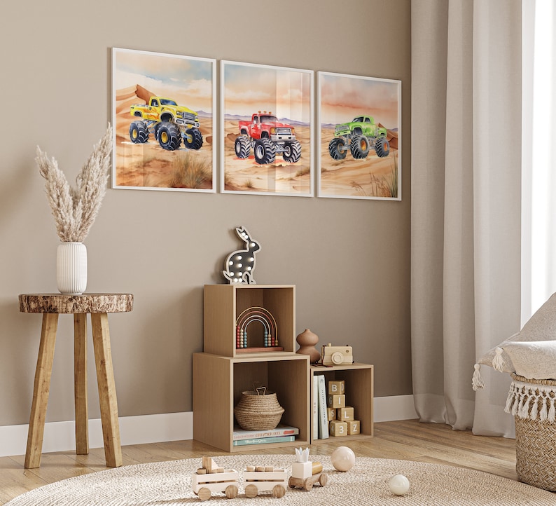 Monster Truck Wall Decor Prints Set of 3, Boys Room Print, Boy Nursery ...