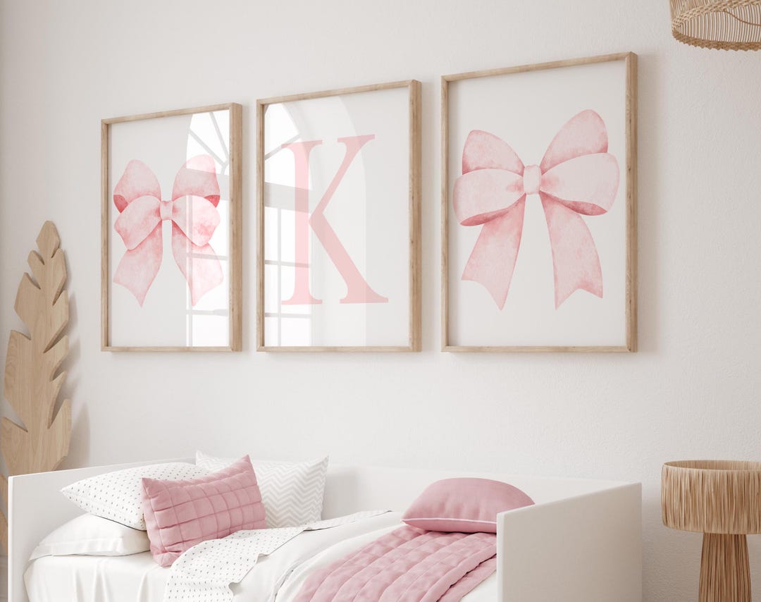 Light Pink Bow Wall Art, Custom Initial Art, Pink Girly Art, Pink ...