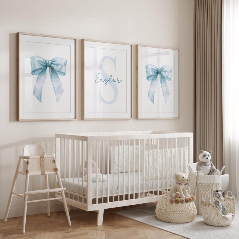 Blue Bow Wall Art, Custom Initial Name Art, Blue Girl Room Decor, Blue ...