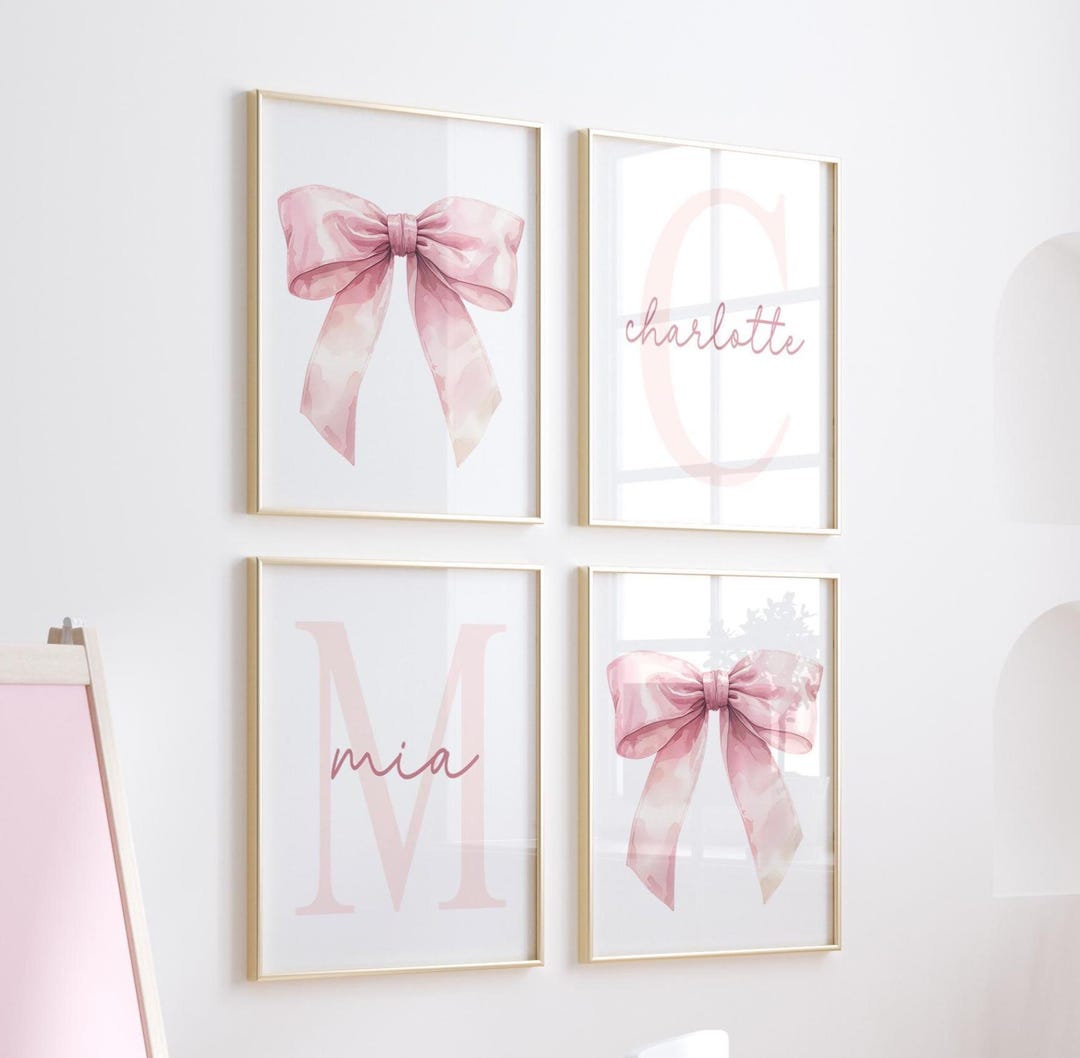 Pink Bow Wall Art, Custom Initial Name Art, Pink Girly Art, Pink ...