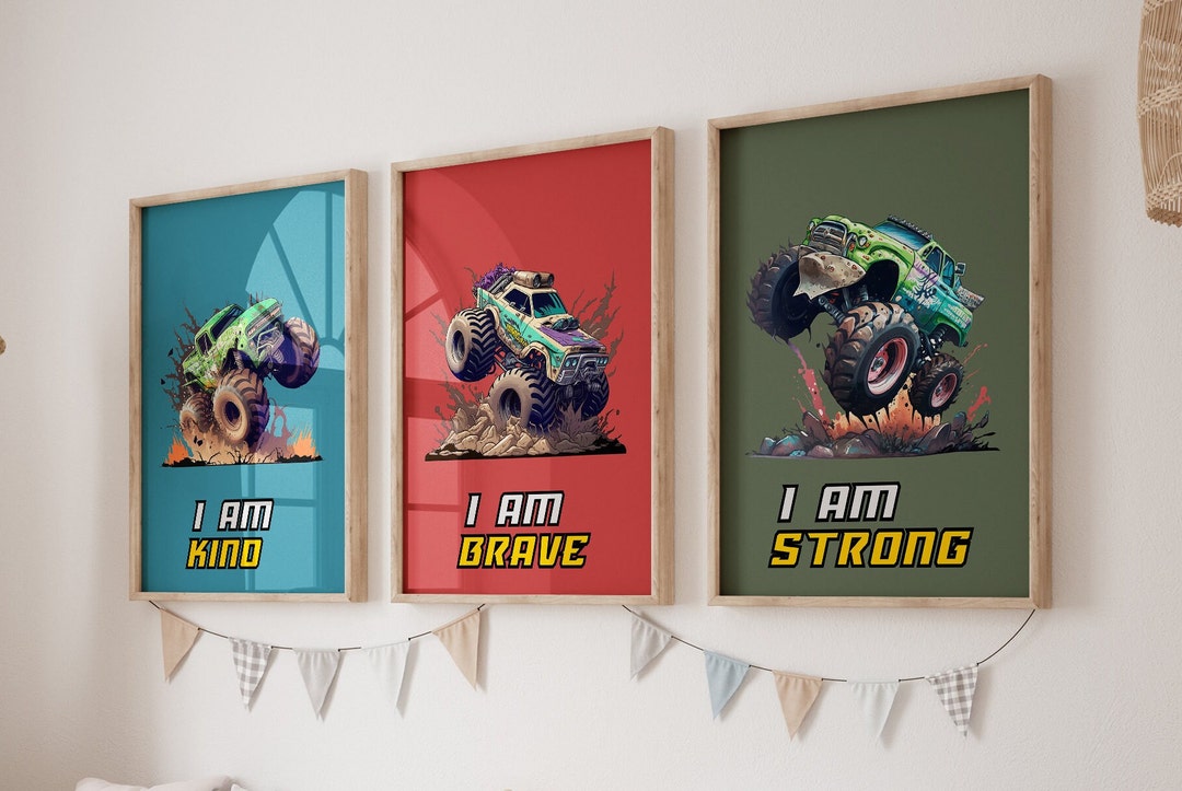 Monster Truck Poster Boy Room Decor Nursery Set of 3 Prints for Boys ...
