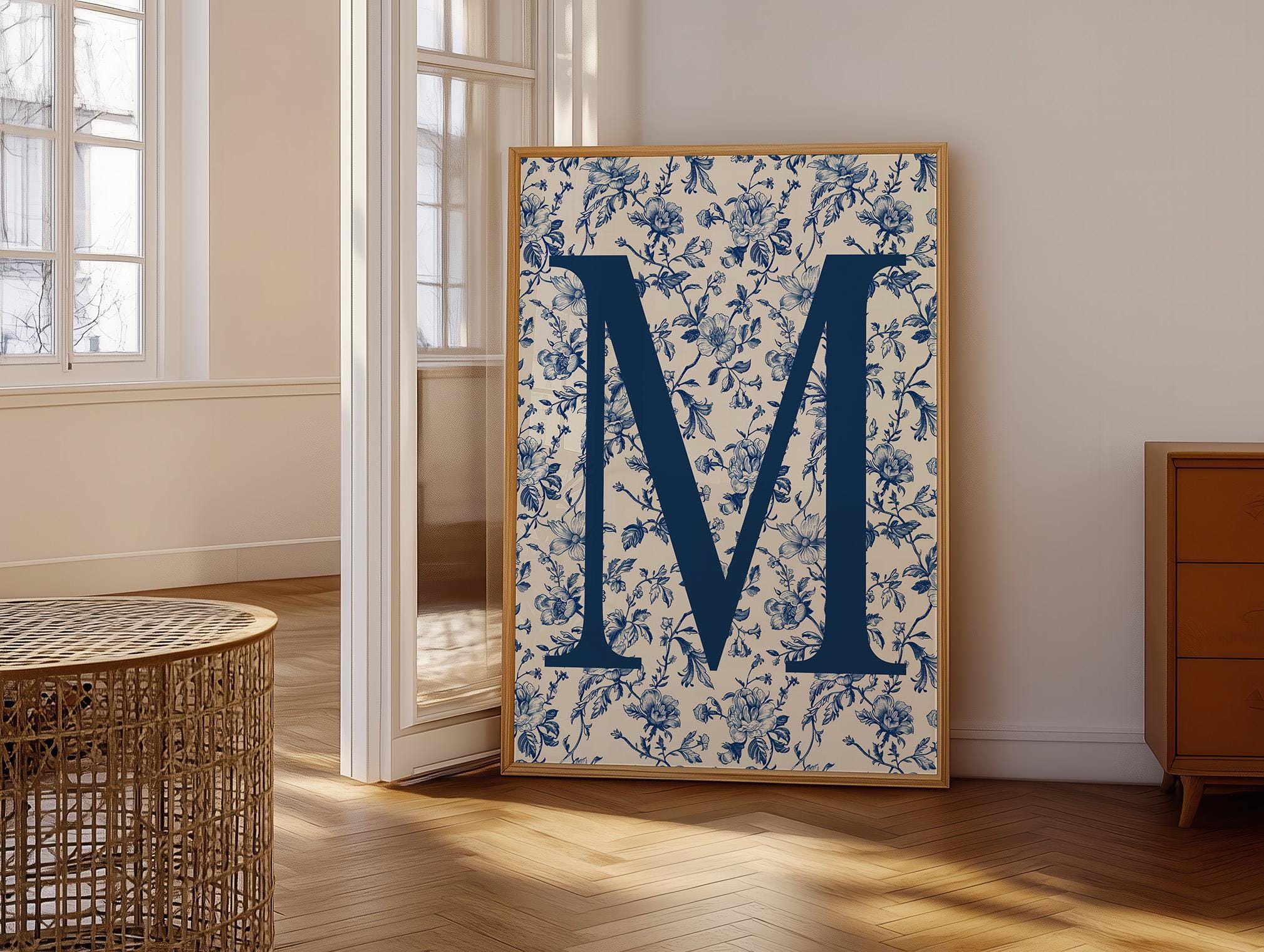 Personalized Blue Chinoiserie Print, Custom Letter Initial, Vintage ...