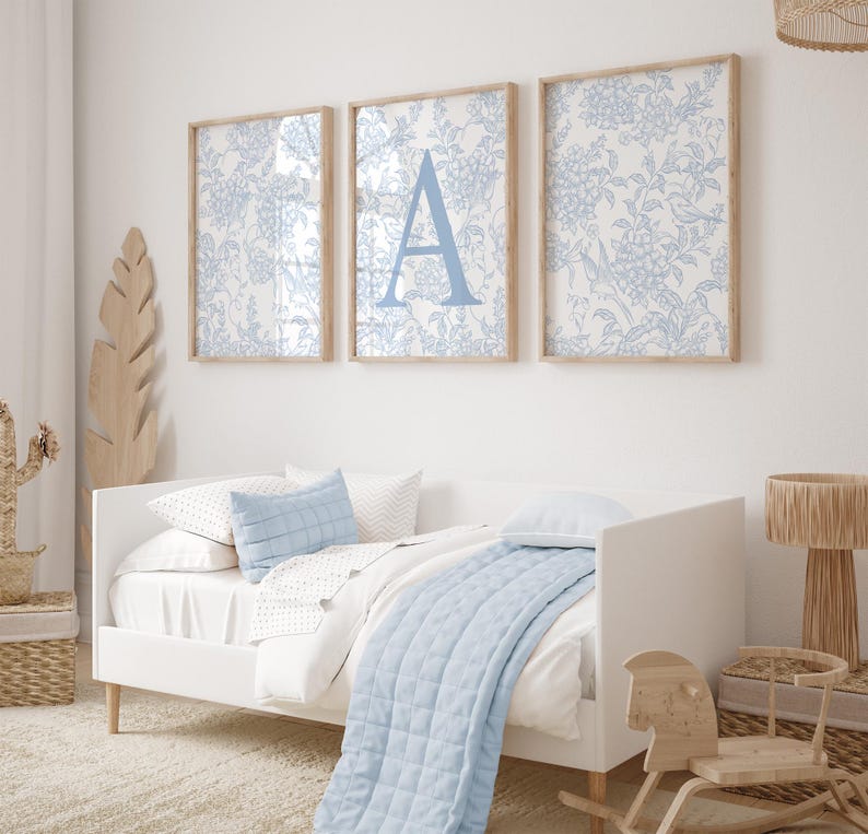Light Blue Chinoiserie Wall Art, Vintage Antique Flowers Print, Custom ...