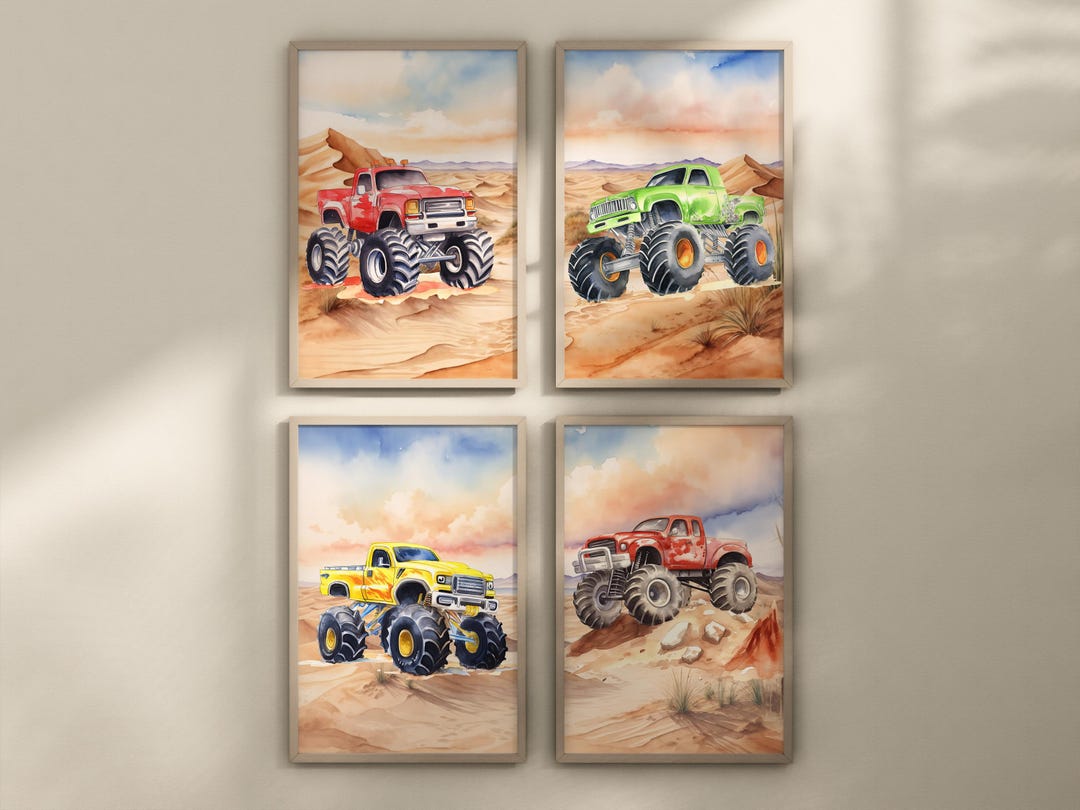 Monster Truck Wall Decor Set of 4 Prints for Boys Room Nursery Decor ...