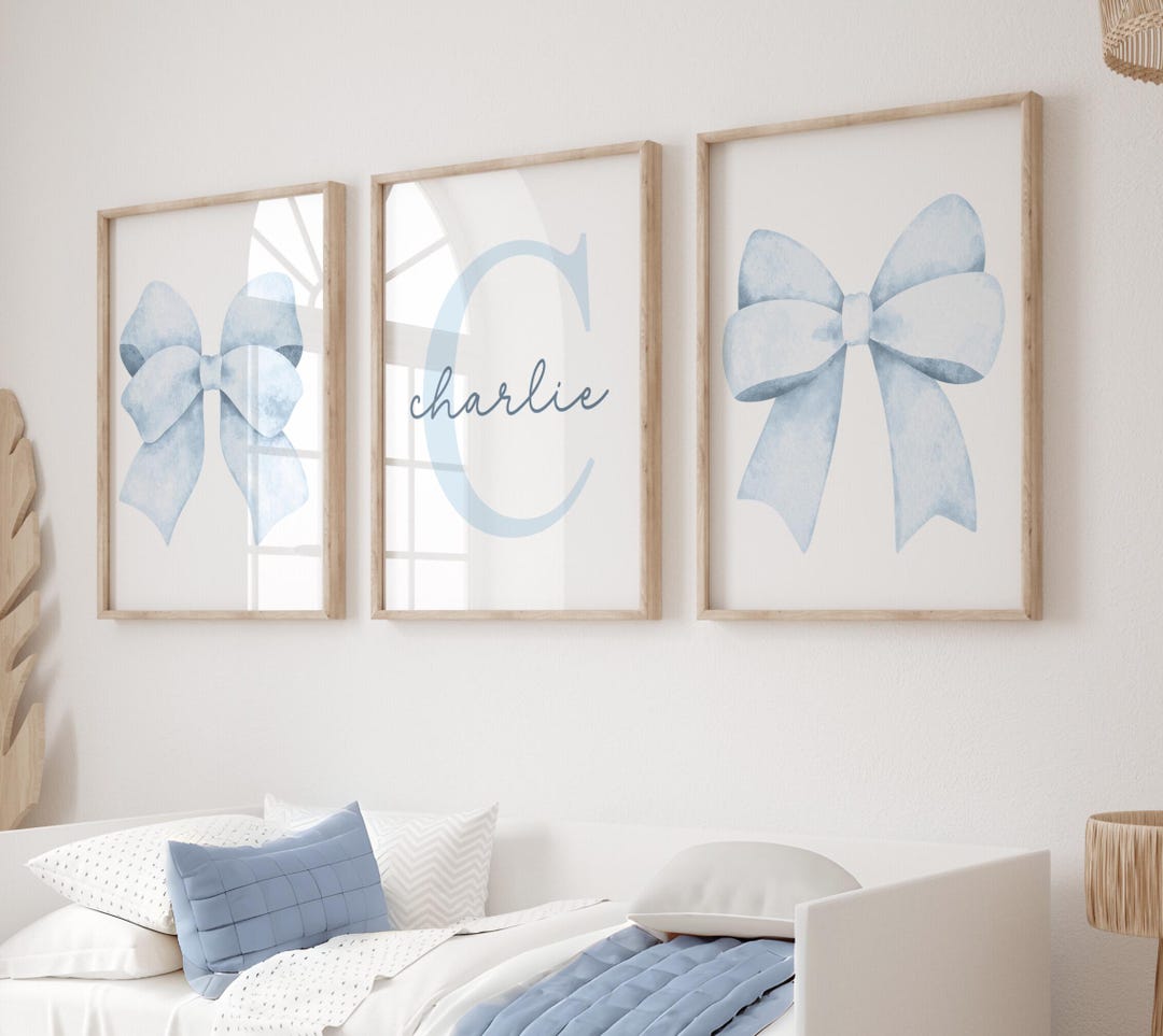Light Blue Bow Custom Initial Name Art, Blue Girl Room Art, Blue ...