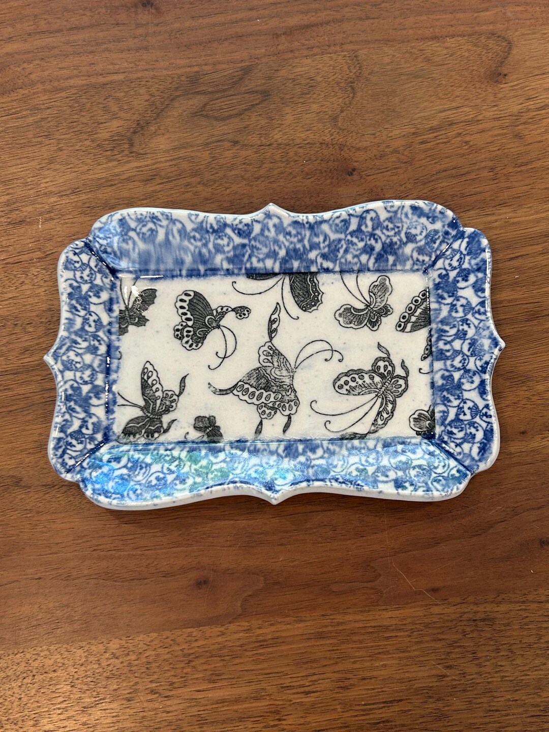 Butterflys and Fans Handmade Ceramic Dish in Cobalt Blue and Black and ...
