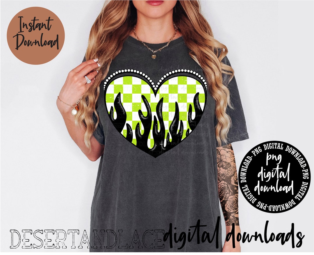 ORIGINAL CREATOR* Checkered Lime Green Flame Heart PNG Digital Download ...