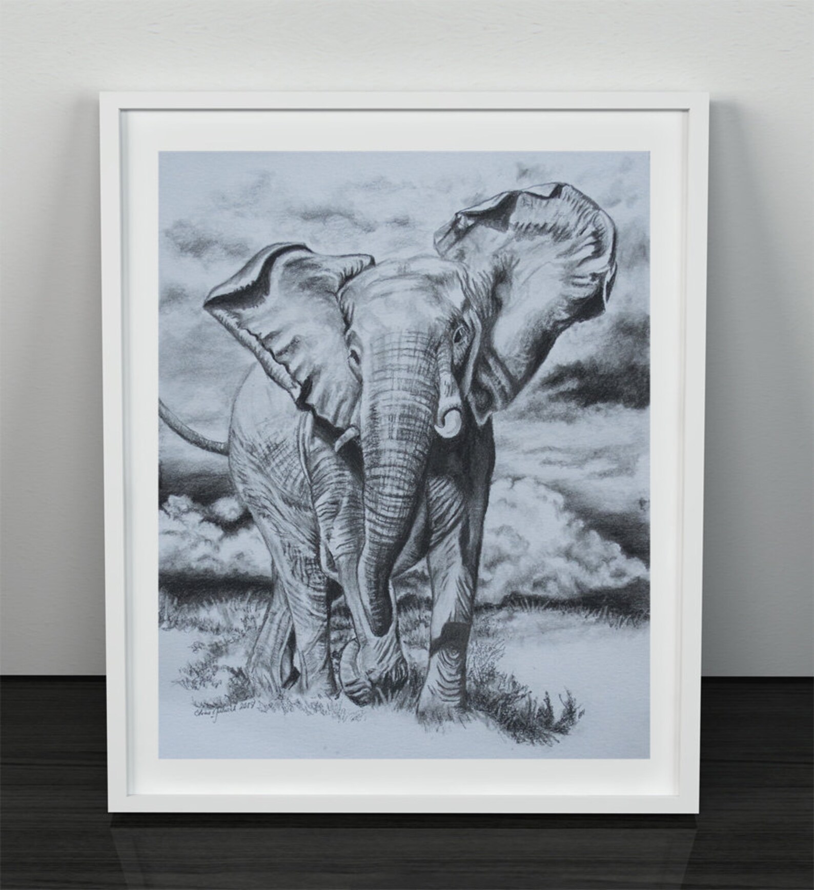 Elephant Wall Art Print From Original Charcoal Drawing | Etsy