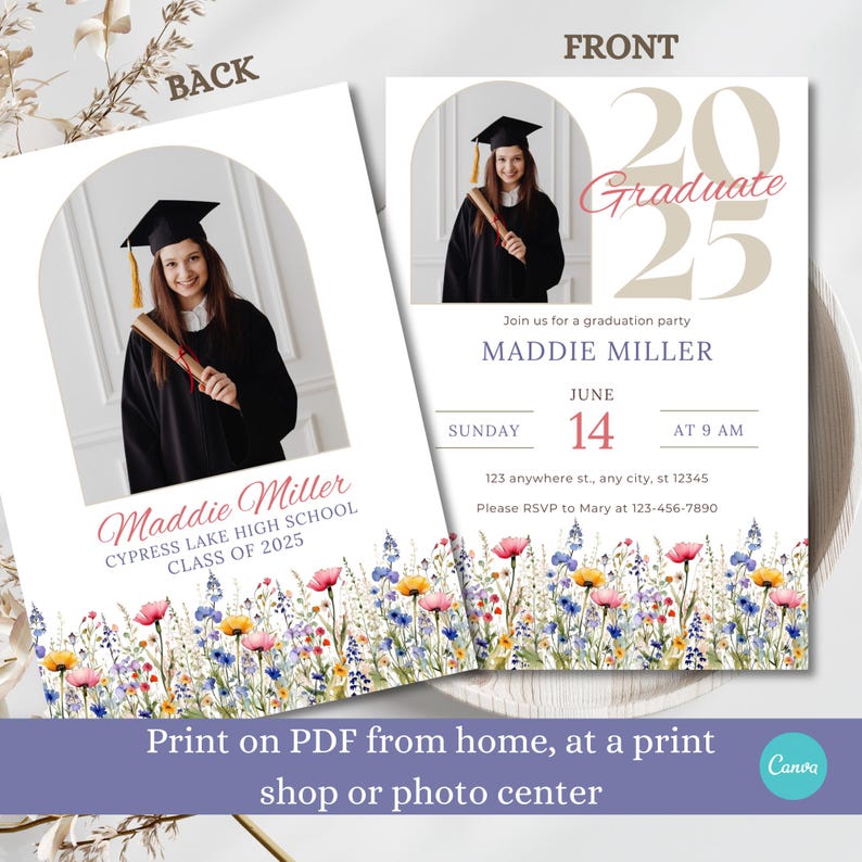 Wildflower Graduation Invitation, Editable Floral Graduation Party ...