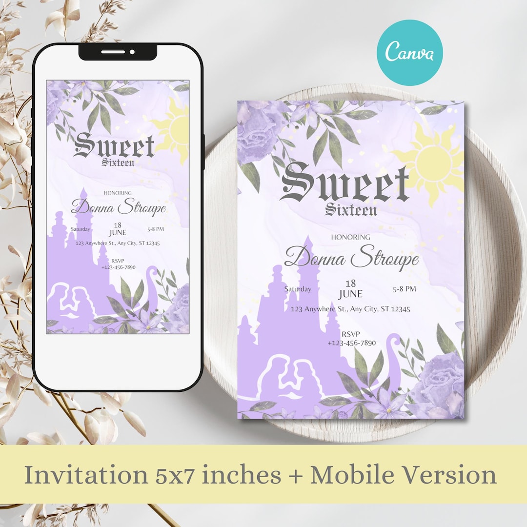 Sweet 16 Invitation Rapunzel, Quinceanera Editable Invitation, Tangled ...