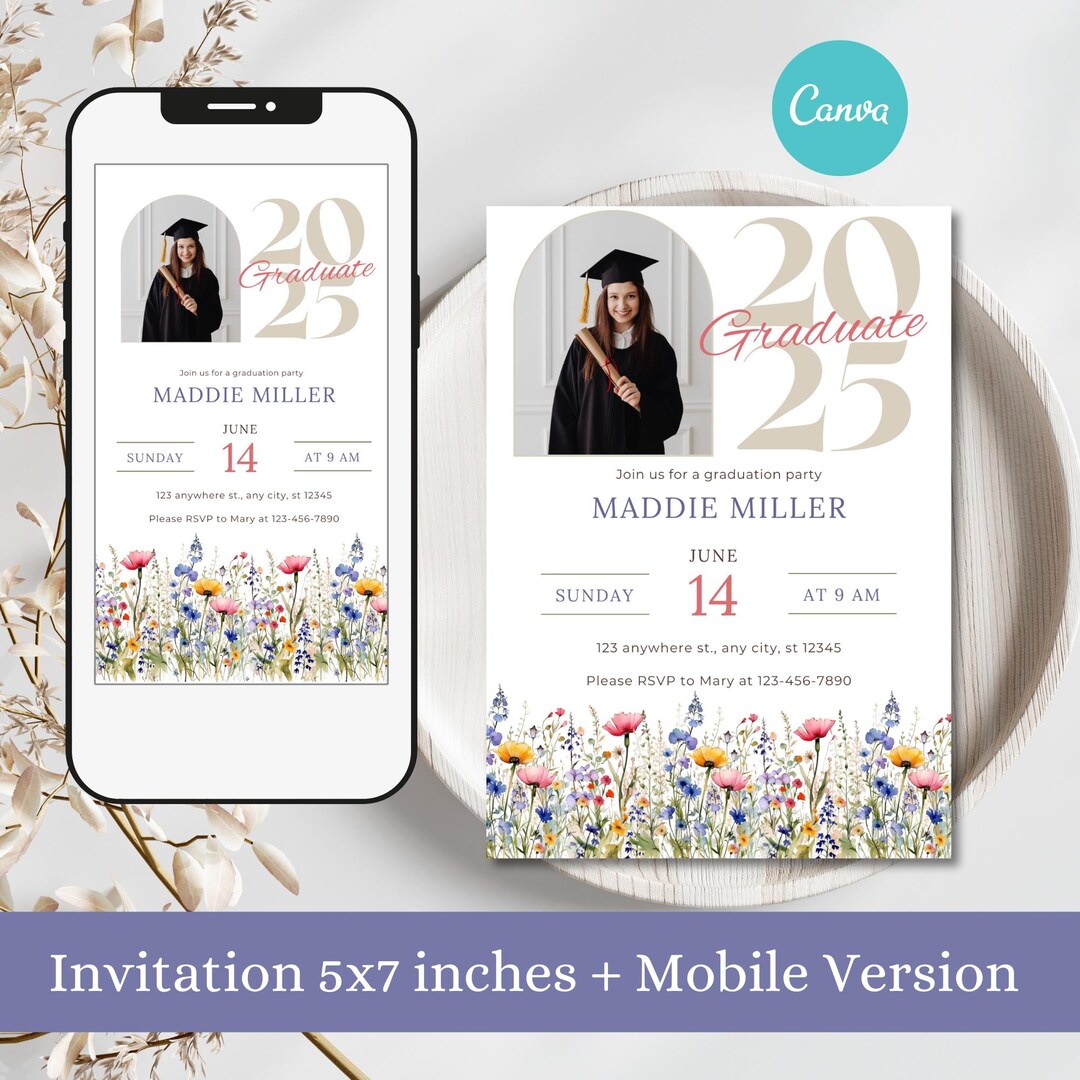 Wildflower Graduation Invitation, Editable Floral Graduation Party ...