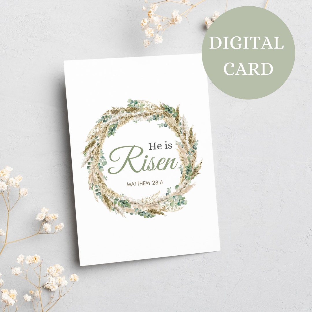 Boho Religious Easter Card, He is Risen Easter Bible Verse Greeting ...