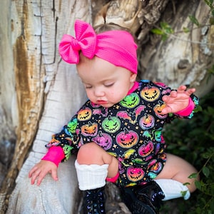 Neon Halloween Baby Sweater Romper, Baby Romper With Headwrap Bow and ...