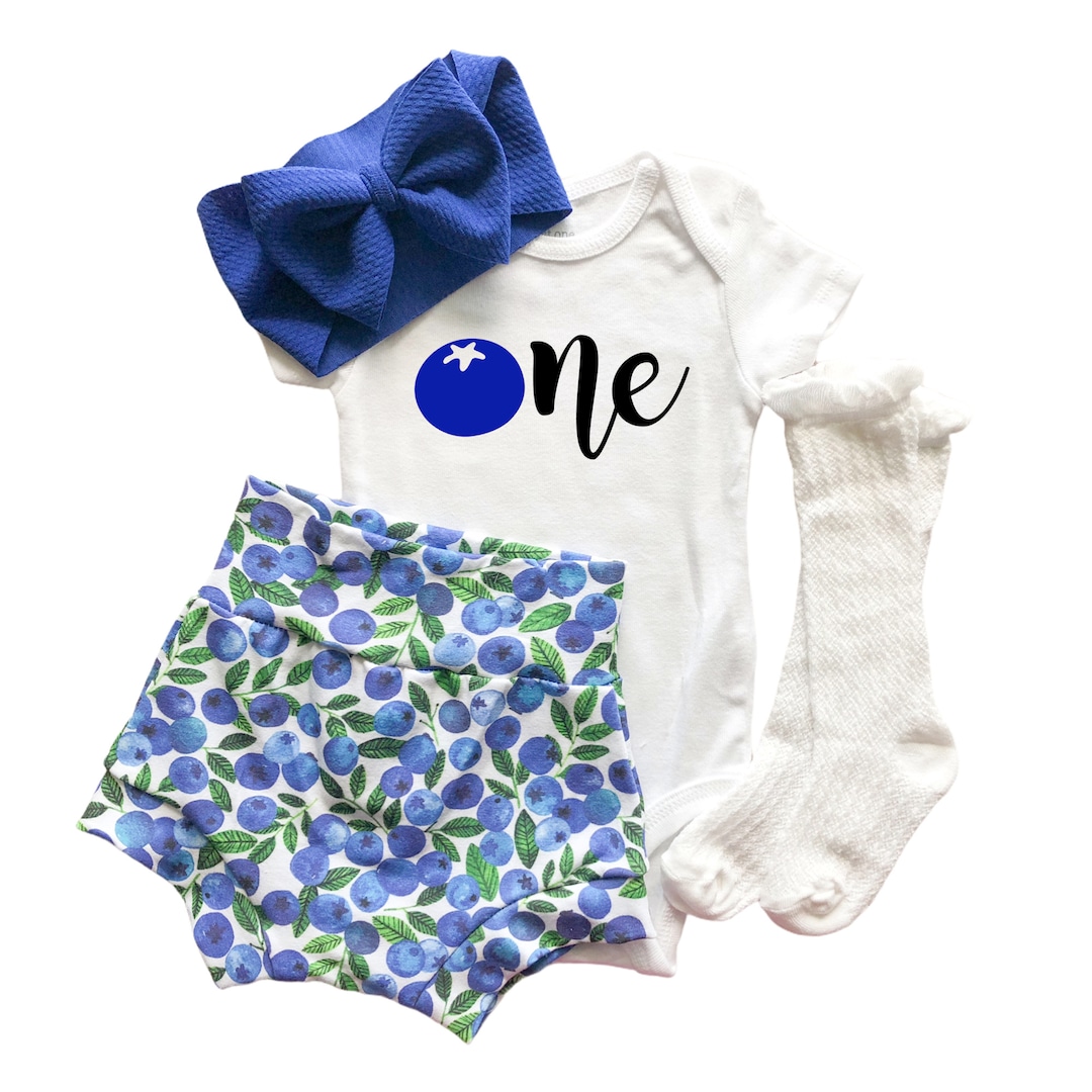 First Birthday Blueberry Baby Bummies Set, Baby Girl 1st Birthday Bummies and Bow, Bloomers Bow ...
