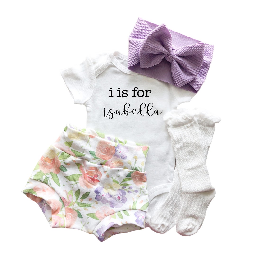 Personalized Floral Bummies and Bow Set, Baby Girl Coming Home Outfit, Newborn Baby Bloomers and ...