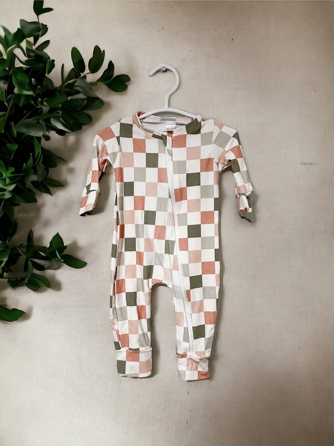Bamboo Green Checker Baby Outfit With Zipper, Coming Home Outfit, Baby ...