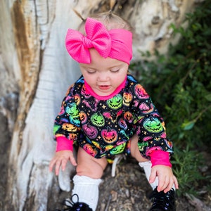 Neon Halloween Baby Sweater Romper, Baby Romper With Headwrap Bow and ...