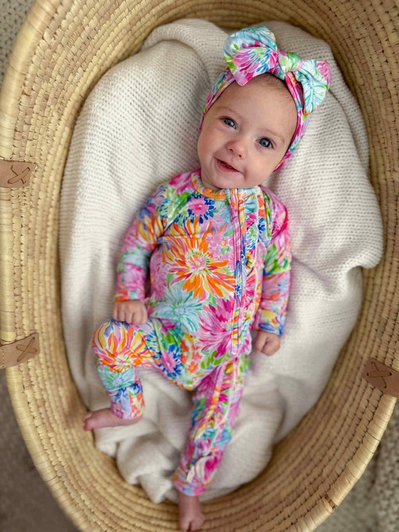 Bamboo Baby Zipper Romper: Neon Floral Ruffle Sleeper With Bow - Etsy