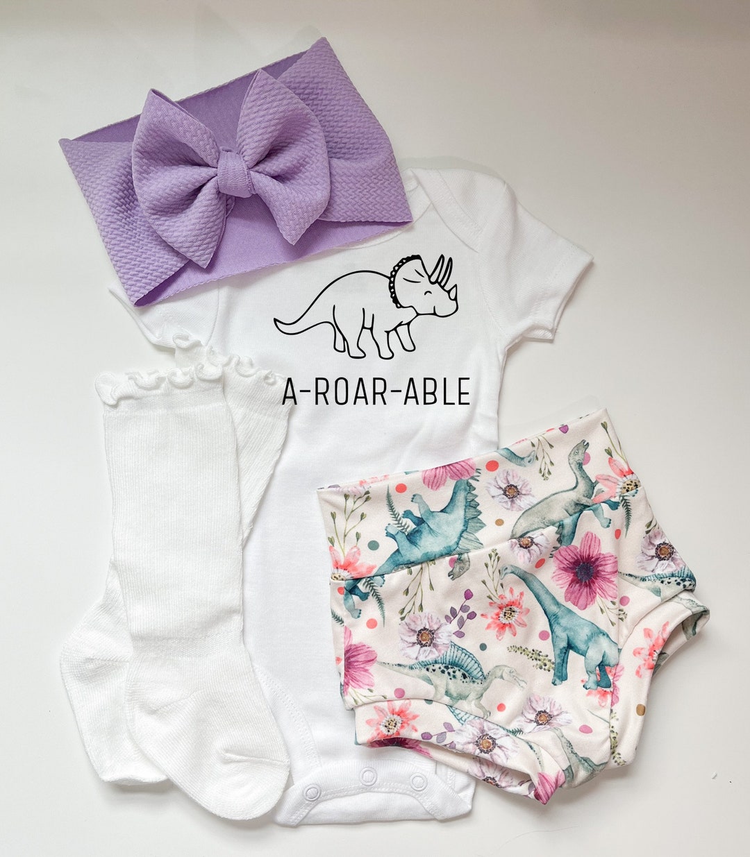 Dino Bummies Set, A ROUR Able Baby Girl Bummies and Bow Outfit, Newborn Baby Girl Coming Home ...
