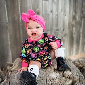 Neon Halloween Baby Sweater Romper, Baby Romper With Headwrap Bow and ...