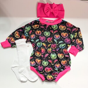 Neon Halloween Baby Sweater Romper, Baby Romper With Headwrap Bow and ...