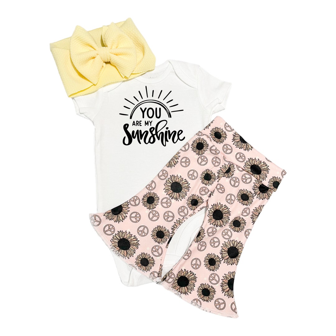 You Are My Sunshine Bell Bottom and Bow Set, Sunflower Peace Sign Baby ...
