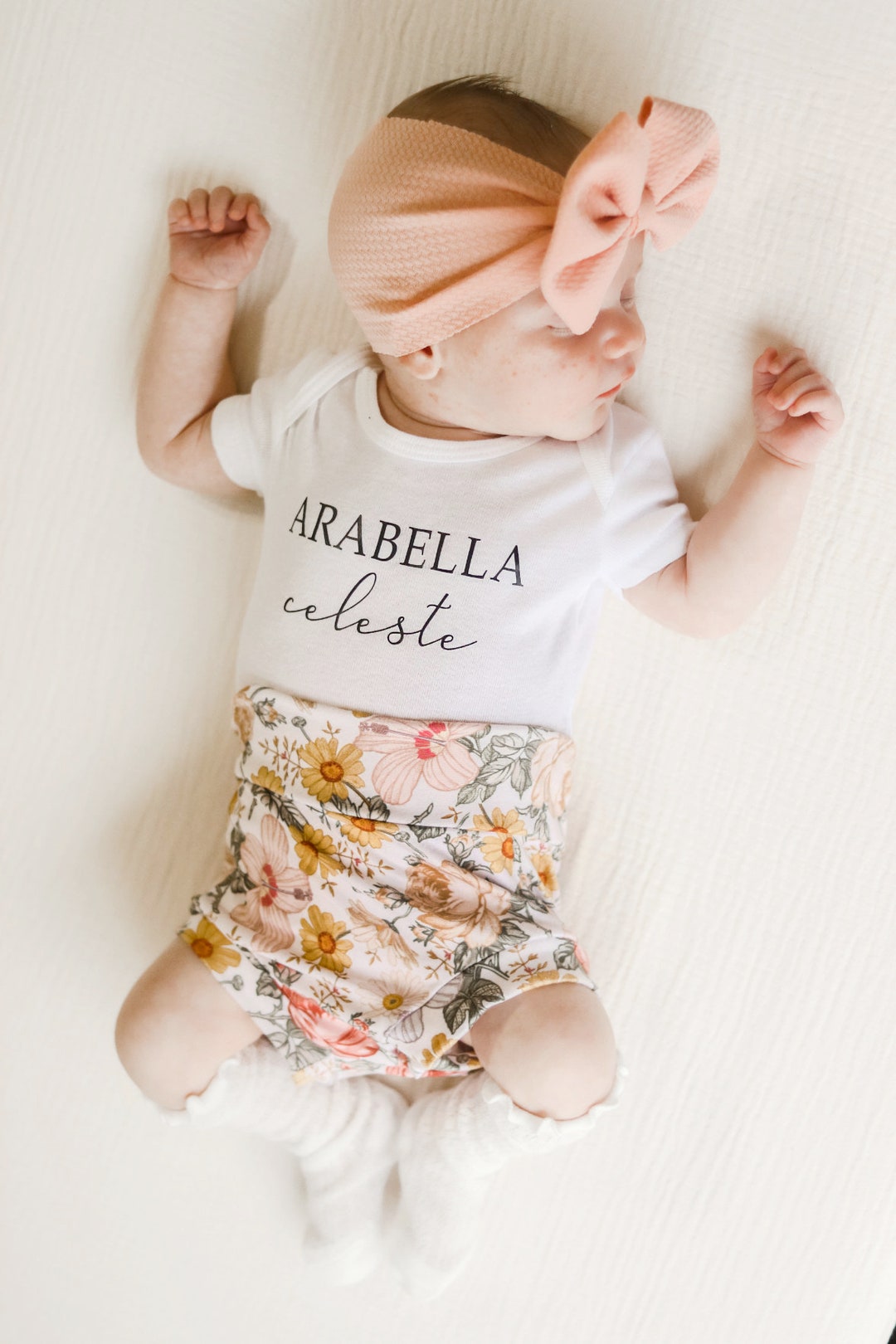 Vintage Floral Baby Girl Outfit, Personalized Coming Home Bodysuit, Bummies, Bow & Socks ...