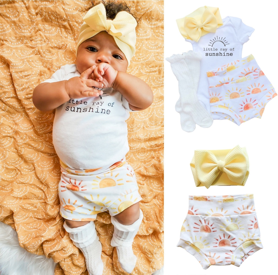 Sun Baby Bummies and Bow Set, Baby Girl Coming Home Outfit, Little Ray of Sunshine Bloomers Bow ...