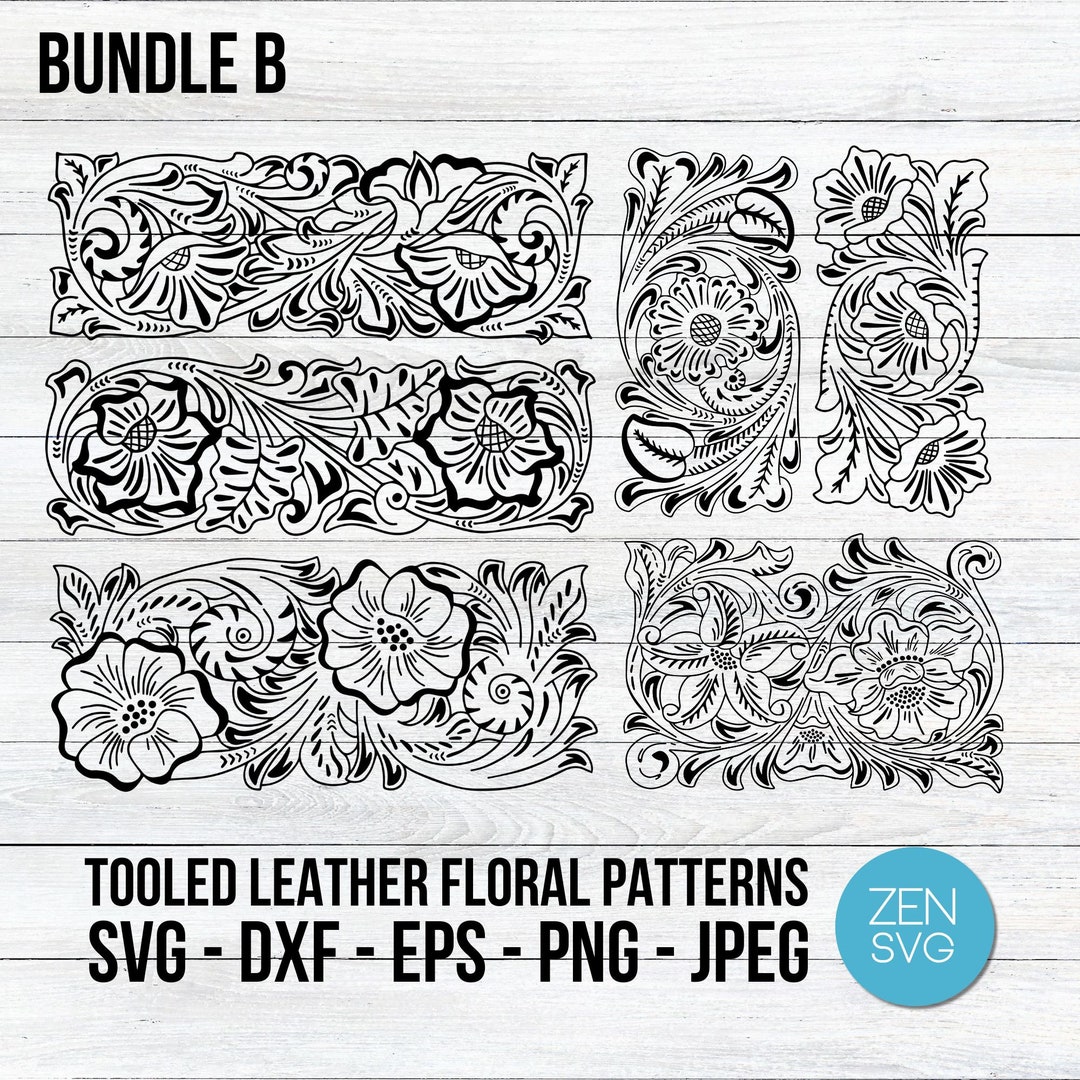 Western Tooled Leather SVG Bundle - Set of 6 Sheridan Style Floral ...