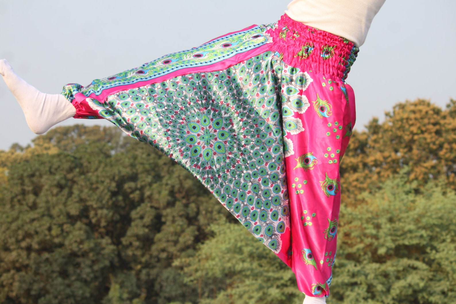 Feather Print Pink Harem Pants in Peacock Print for Valentine - Etsy