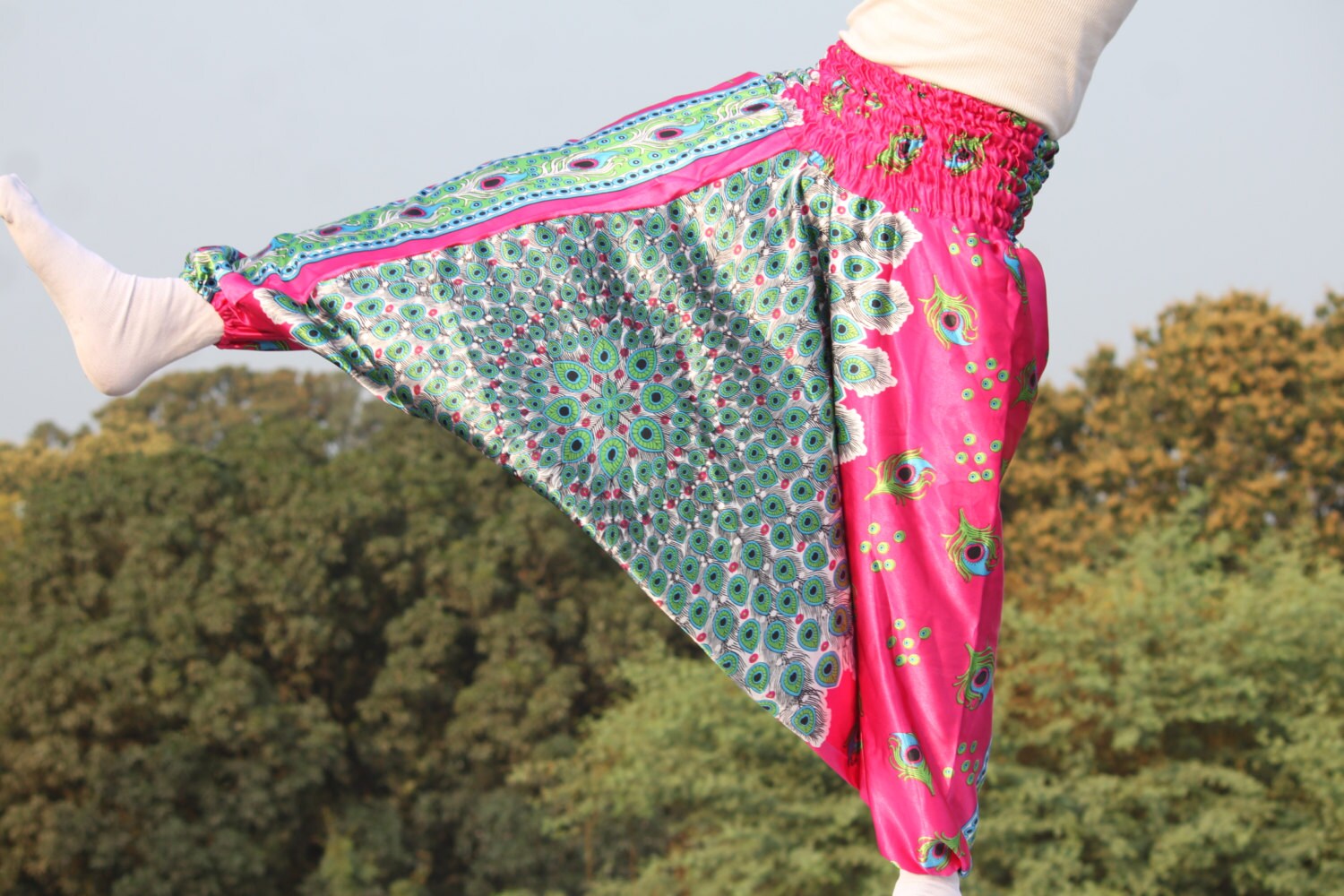 Feather Print Pink Harem Pants in Peacock Print for Valentine - Etsy