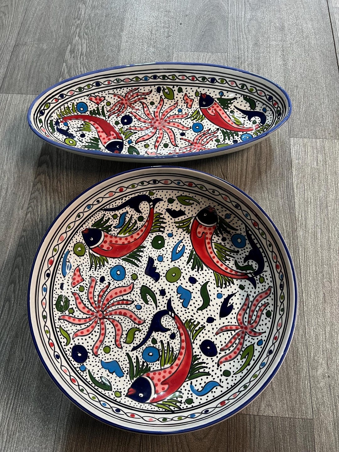 Mediterranean With Fish Design Set of 2 Serving Ceramic Bowls Handmade ...