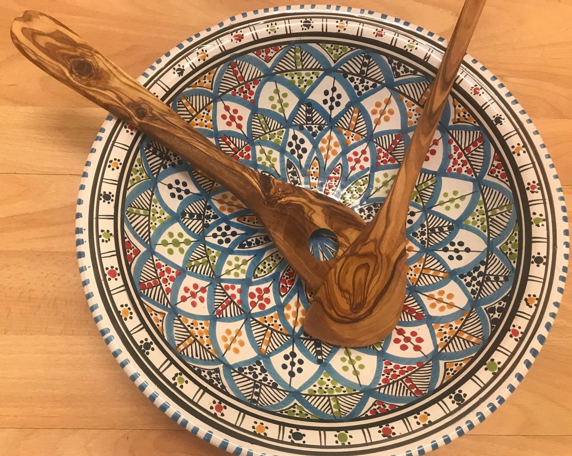 Decorative Serving Set Large Ceramic Bowl With 2 Olive Wood | Etsy