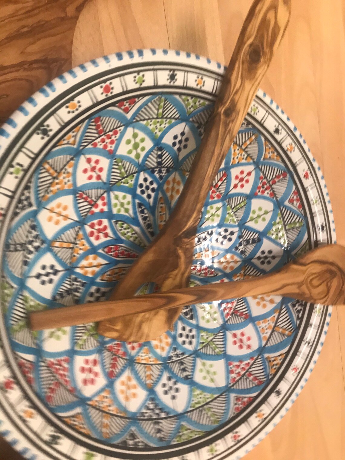 Decorative Serving Set Large Ceramic Bowl With 2 Olive Wood | Etsy