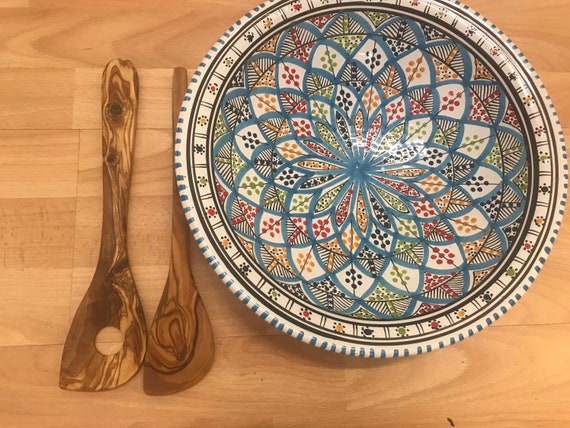 Decorative Serving Set Large Ceramic Bowl With 2 Olive Wood | Etsy