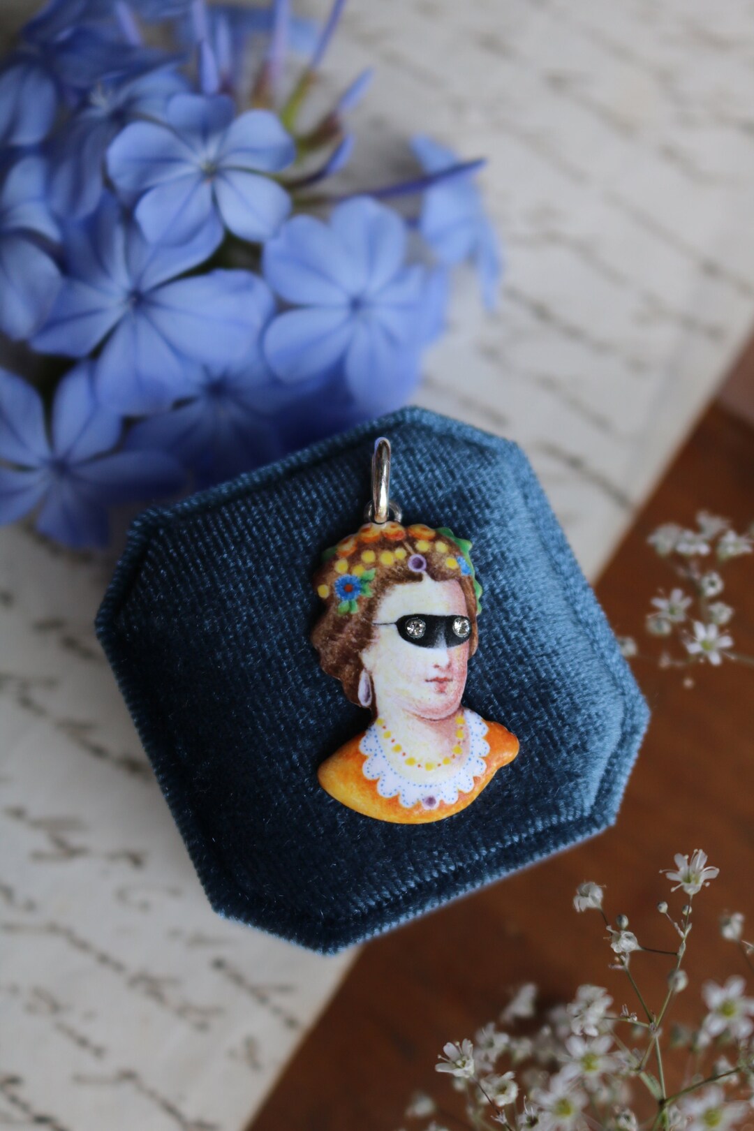 CLÉMENCE - Masked Lady Hand Painted Enamelled Pendant Masquerade ...
