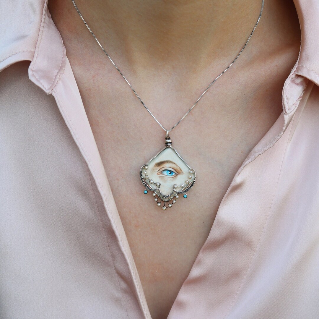 Lover's Eye Pendant Locket Art Nouveau Turquoise Seed Pearl Hand ...