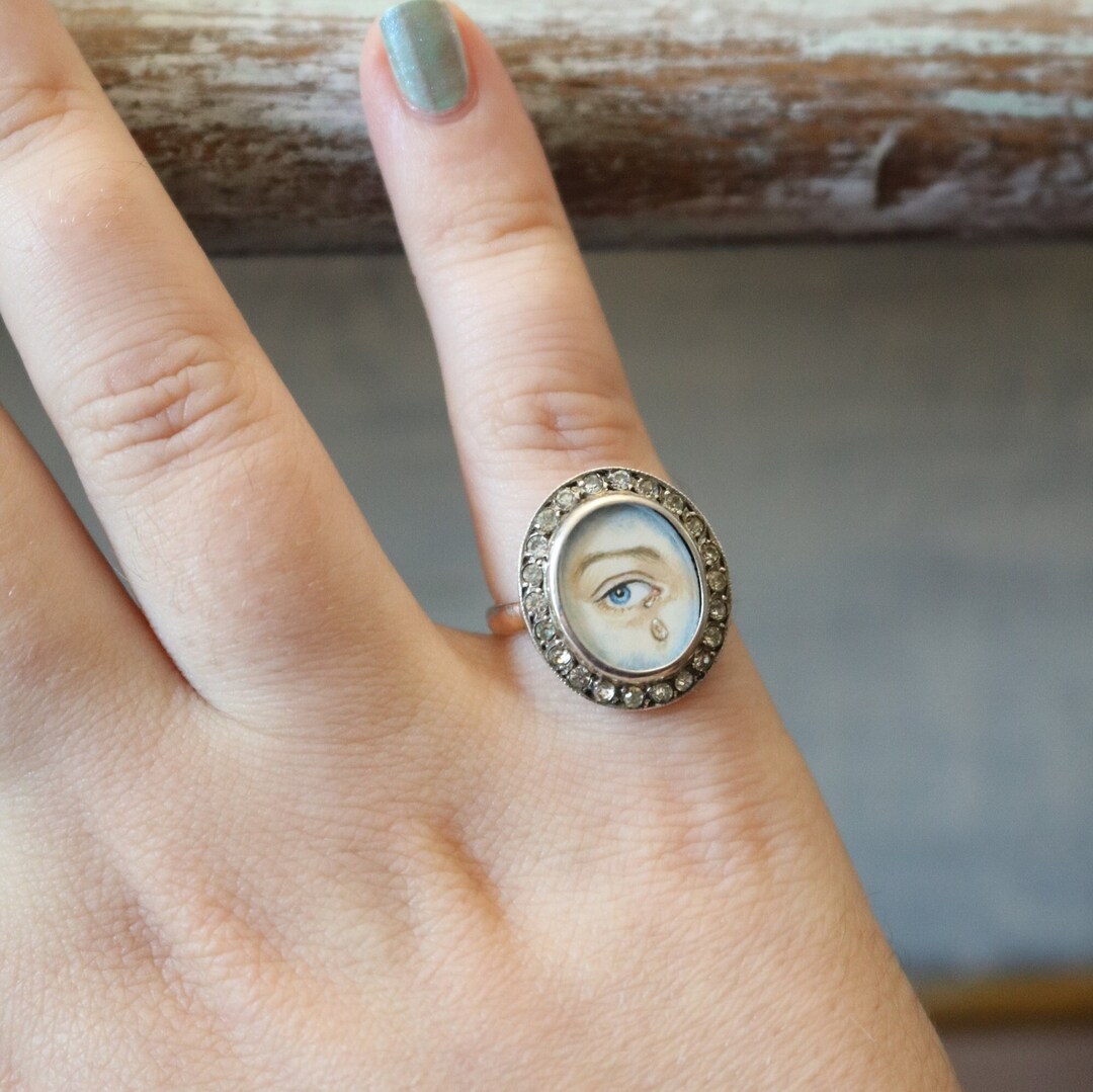 Lover's Eye Paste Ring Portrait Georgian Victorian Hand Painted Silver ...
