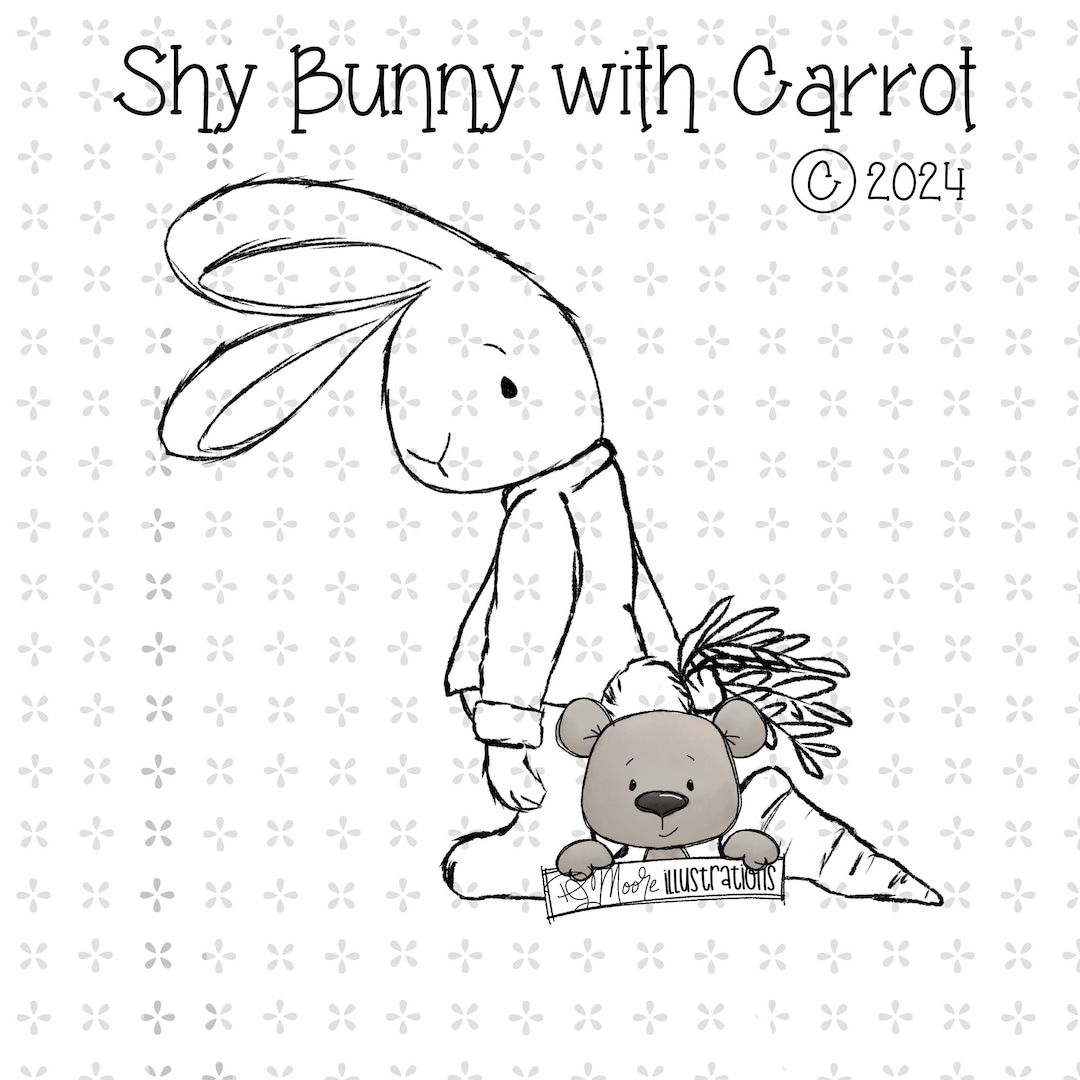 Shy Bunny With Carrot Digi Stamp Line Art Png Jpeg Printable Instant ...