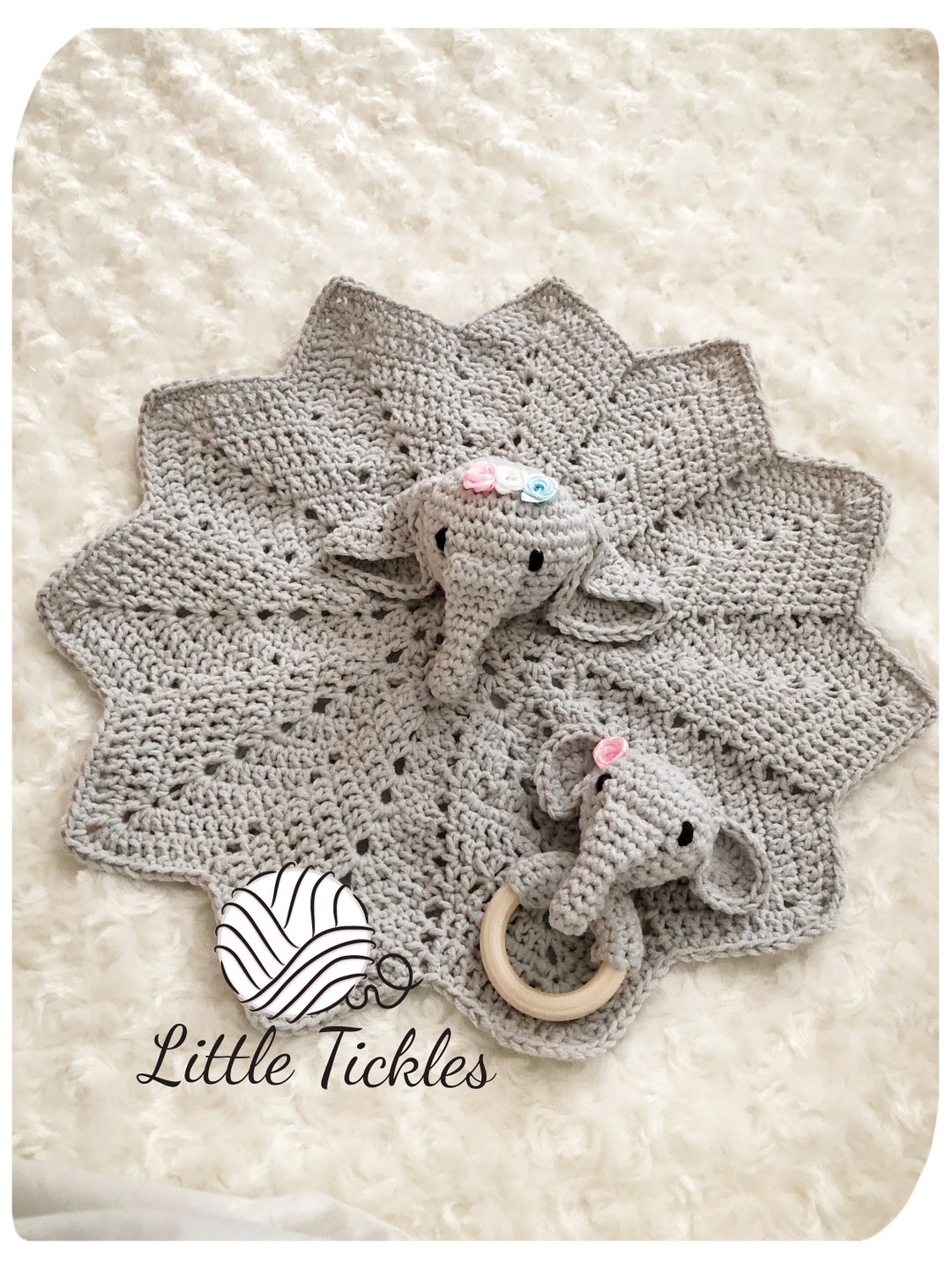 Crochet Elephant Baby Set, Crochet Elephant Rattle, Teething Ring ...