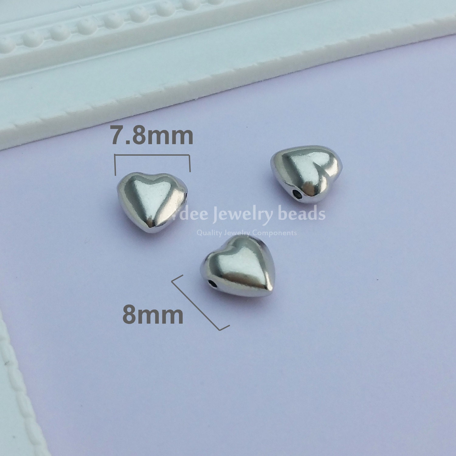8mm Silver Shiny Heart Beads With Holes, Solid 925 Sterling Silver With ...