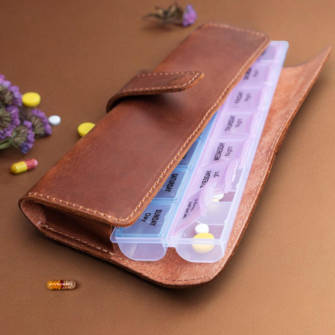 Leather Pill Case Organizer, Customizable Medicine Pouch, Travel Weekly ...