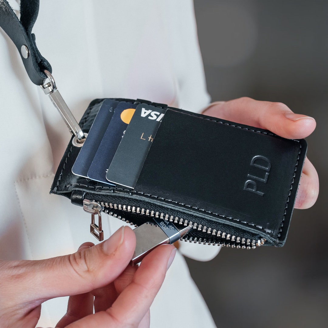 Personalized Leather ID Card Holder With Lanyard and Zipper Pocket ...