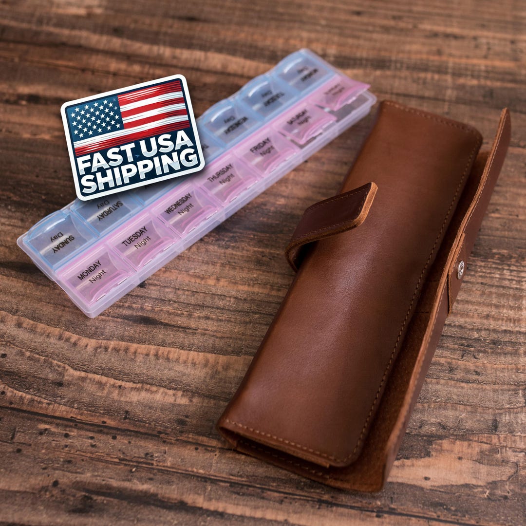 Customized Initials Leather Pill Holder With Plastic Box, Vitamin ...