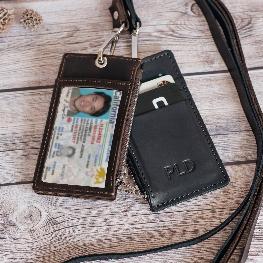 Customizable Leather ID Holder With Neck Strap - Unisex Cards Holder ...